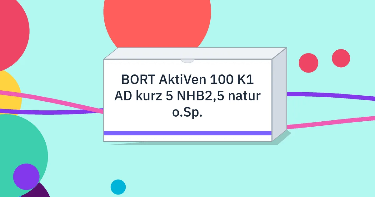 Symbolbild: Packung mit der Aufschrift BORT AktiVen 100 K1 AD kurz 5 NHB2,5 natur o.Sp. (PZN 17498352) – Verfügbarkeit und Bezug in Apotheken in Frankfurt am Main