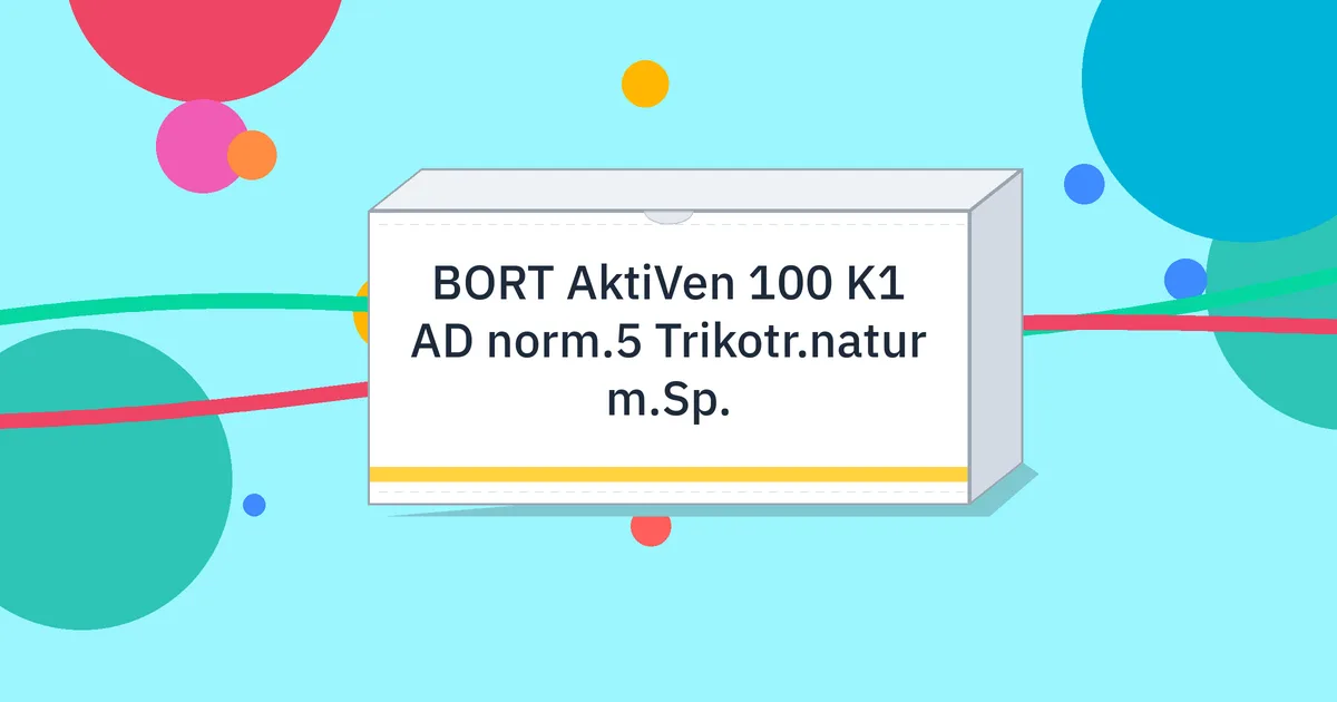Symbolbild: Packung mit der Aufschrift BORT AktiVen 100 K1 AD norm.5 Trikotr.natur m.Sp. (PZN 13726141) – Verfügbarkeit und Bezug in Apotheken in Frankfurt am Main