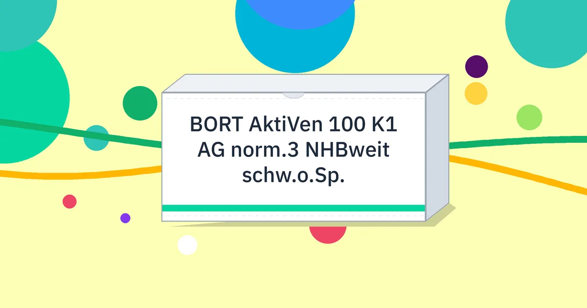 Symbolbild: Packung mit der Aufschrift BORT AktiVen 100 K1 AG norm.3 NHBweit schw.o.Sp. (PZN 14387652) – Verfügbarkeit und Bezug in Apotheken in Frankfurt am Main