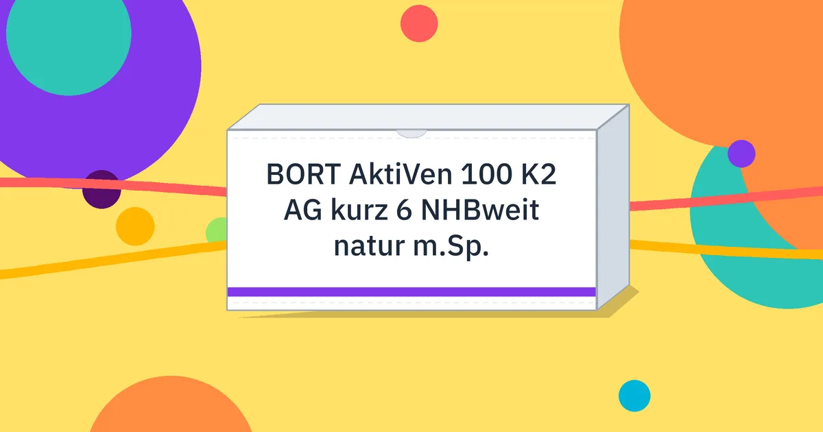 Symbolbild: Packung mit der Aufschrift BORT AktiVen 100 K2 AG kurz 6 NHBweit natur m.Sp. (PZN 13730674) – Verfügbarkeit und Bezug in Apotheken in Frankfurt am Main