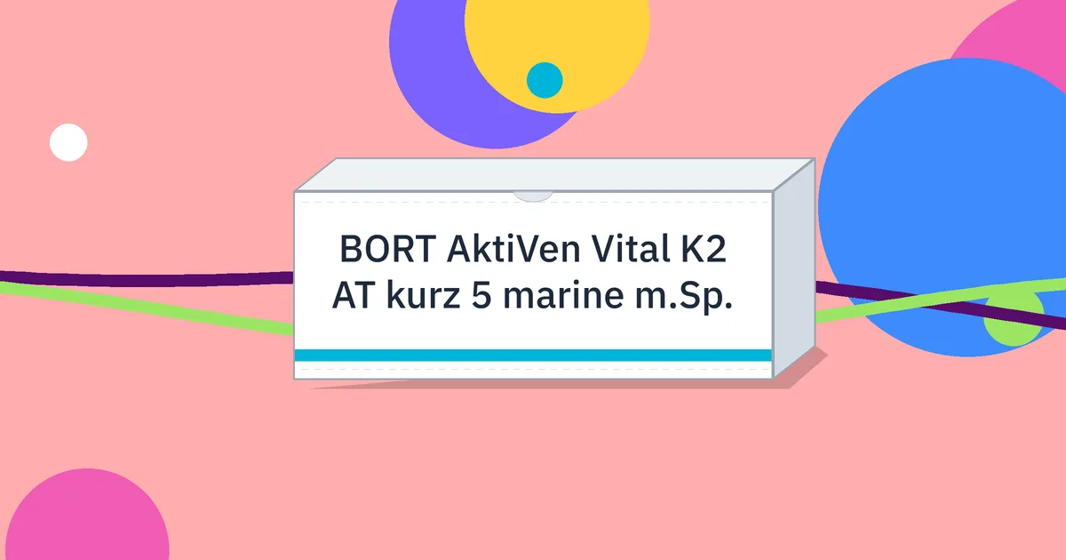 Symbolbild: Packung mit der Aufschrift BORT AktiVen Vital K2 AT kurz 5 marine m.Sp. (PZN 13741962) – Verfügbarkeit und Bezug in Apotheken in Frankfurt am Main