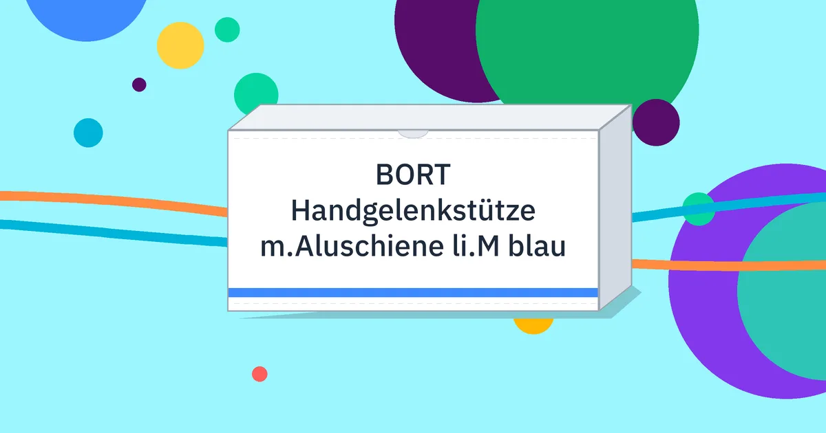Symbolbild: Packung mit der Aufschrift BORT Handgelenkstütze m.Aluschiene li.M blau (PZN 00945396) – Verfügbarkeit und Bezug in Apotheken in Frankfurt am Main