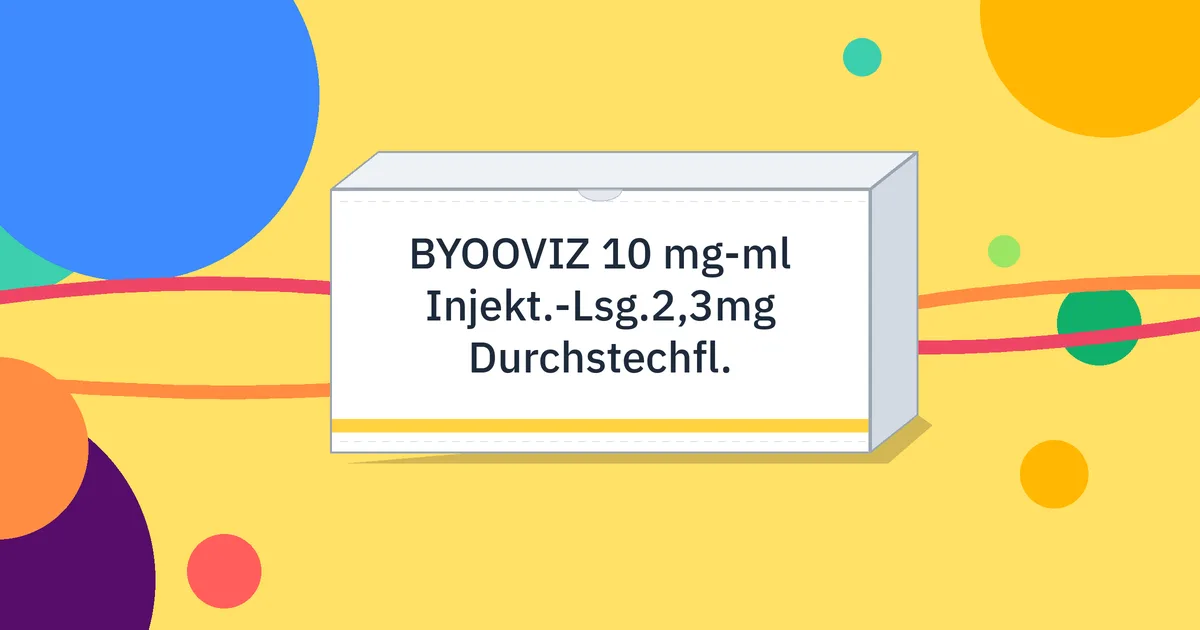 Symbolbild: Packung mit der Aufschrift BYOOVIZ 10 mg-ml Injekt.-Lsg.2,3mg Durchstechfl. (PZN 19797662) – Verfügbarkeit und Bezug in Apotheken in Frankfurt am Main