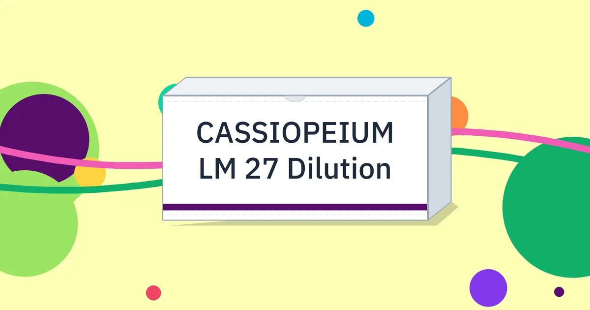 Symbolbild: Packung mit der Aufschrift CASSIOPEIUM LM 27 Dilution (PZN 13434059) – Verfügbarkeit und Bezug in Apotheken in Frankfurt am Main