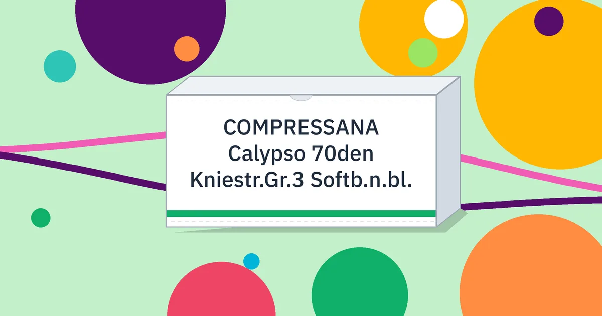Symbolbild: Packung mit der Aufschrift COMPRESSANA Calypso 70den Kniestr.Gr.3 Softb.n.bl. (PZN 07719585) – Verfügbarkeit und Bezug in Apotheken in Frankfurt am Main