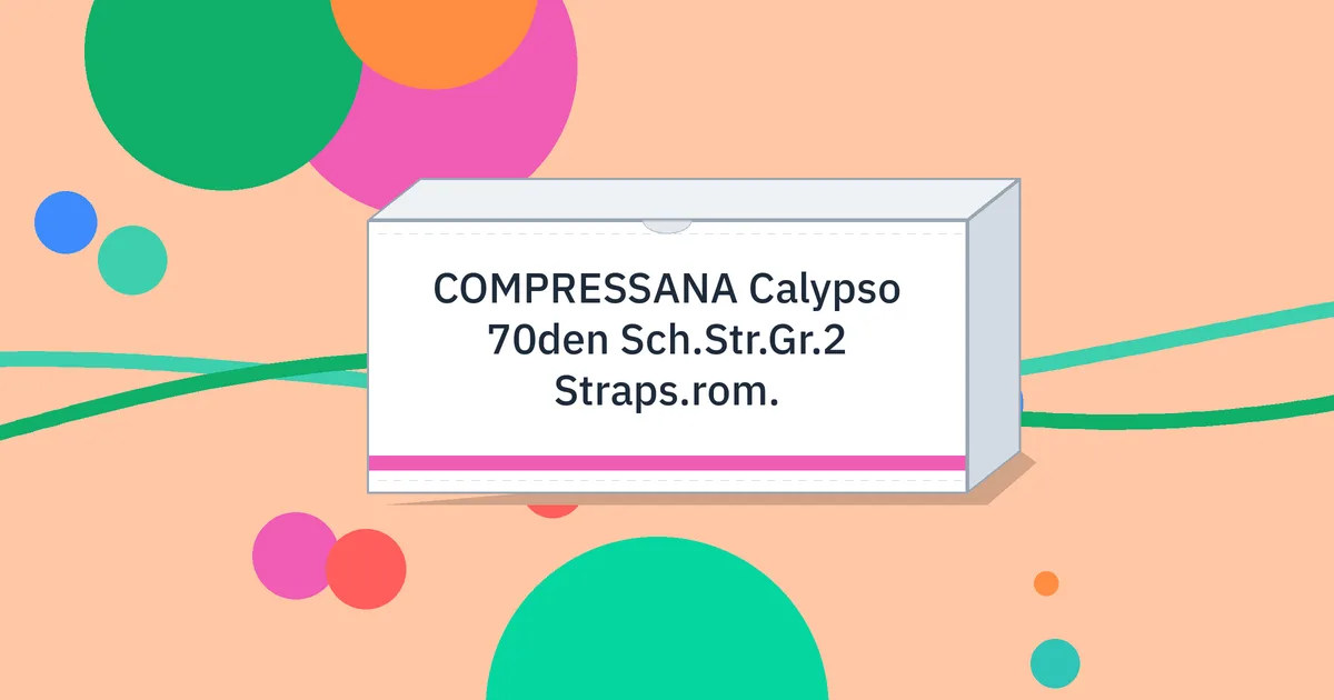 Symbolbild: Packung mit der Aufschrift COMPRESSANA Calypso 70den Sch.Str.Gr.2 Straps.rom. (PZN 01556455) – Verfügbarkeit und Bezug in Apotheken in Frankfurt am Main