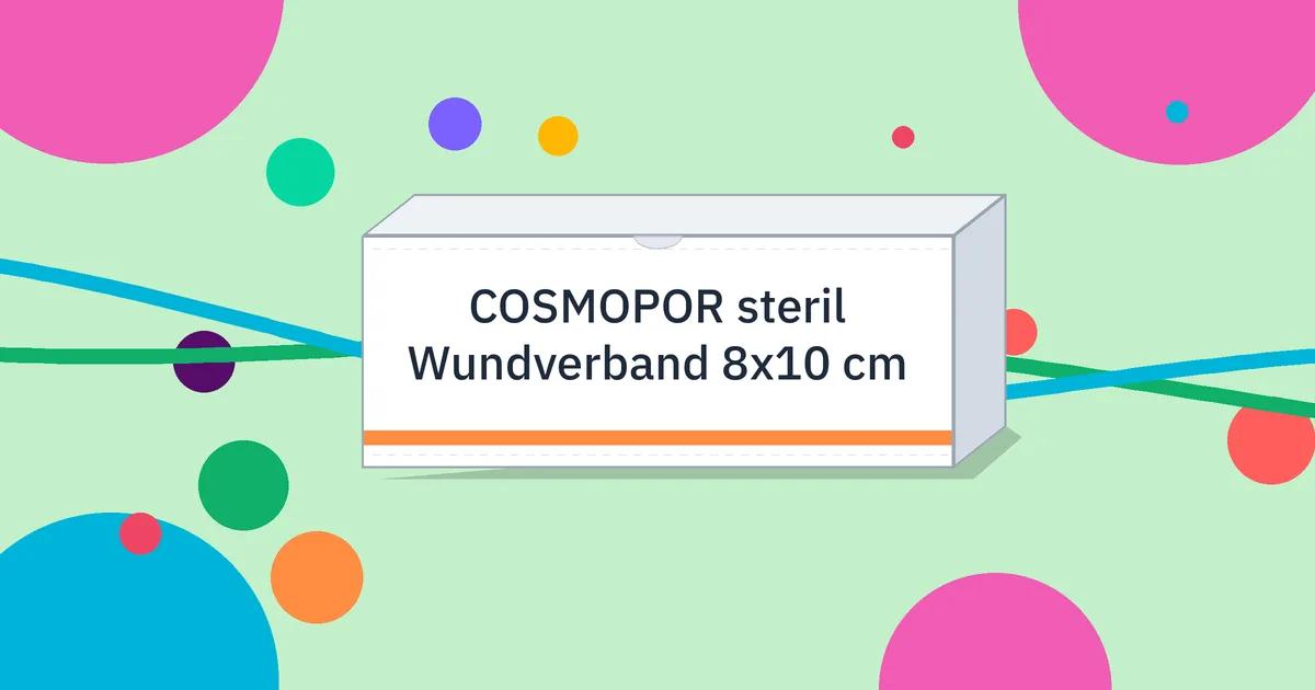 Symbolbild: Packung mit der Aufschrift COSMOPOR steril Wundverband 8x10 cm (PZN 20025597) – Verfügbarkeit und Bezug in Apotheken in Frankfurt am Main