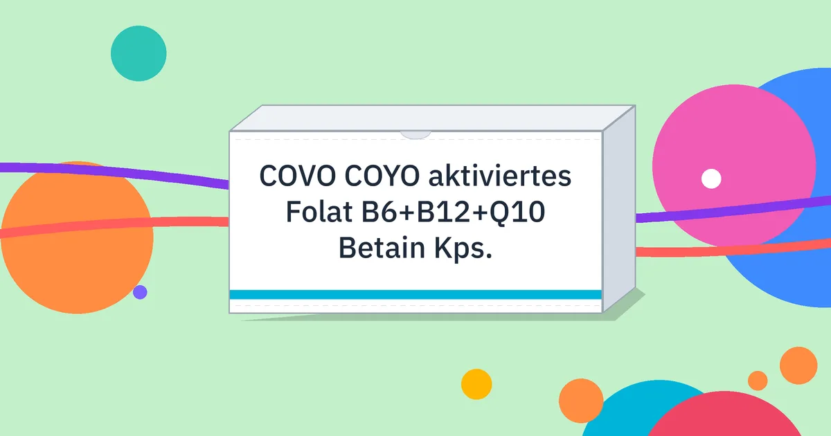 Symbolbild: Packung mit der Aufschrift COVO COYO aktiviertes Folat B6+B12+Q10 Betain Kps. (PZN 19764585) – Verfügbarkeit und Bezug in Apotheken in Frankfurt am Main