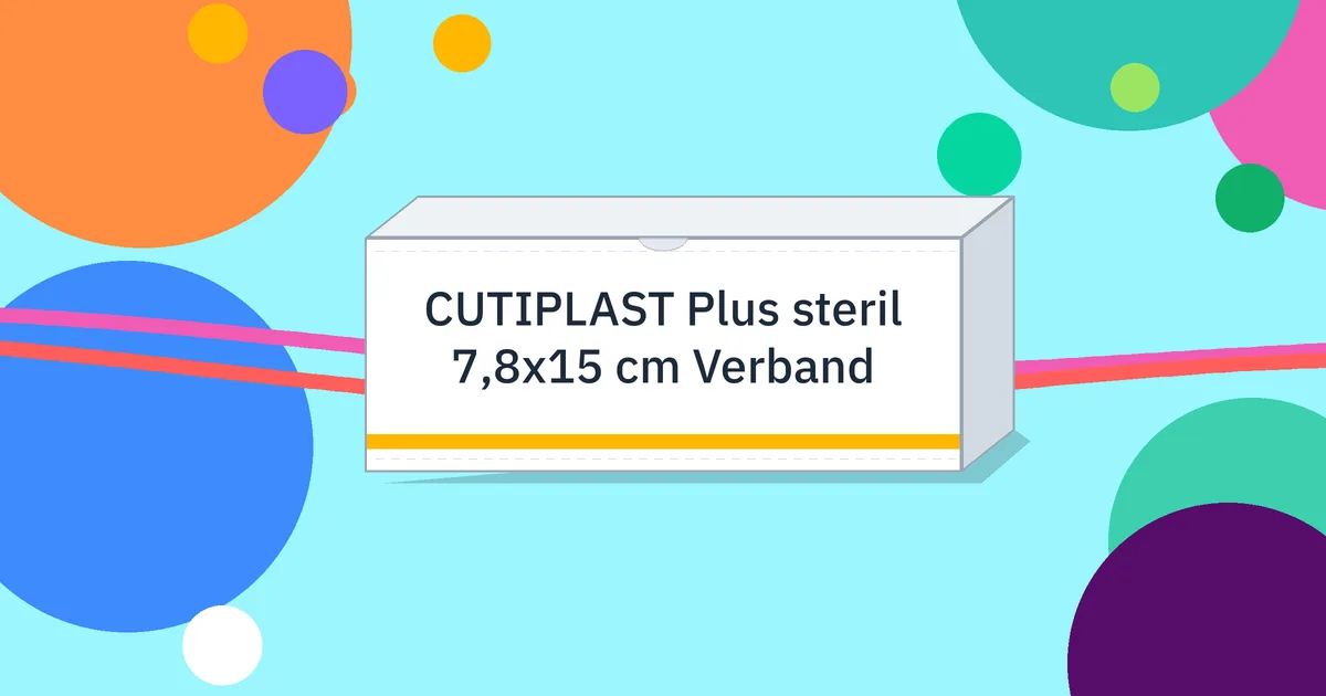 Symbolbild: Packung mit der Aufschrift CUTIPLAST Plus steril 7,8x15 cm Verband (PZN 10230451) – Verfügbarkeit und Bezug in Apotheken in Frankfurt am Main