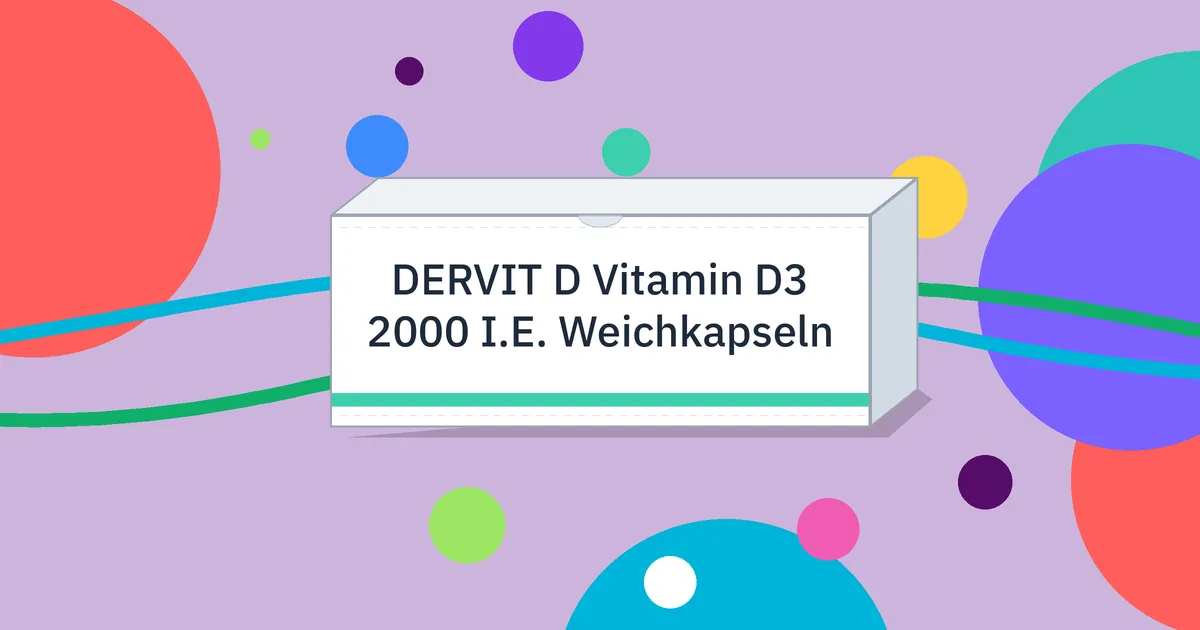 Symbolbild: Packung mit der Aufschrift DERVIT D Vitamin D3 2000 I.E. Weichkapseln (PZN 19687519) – Verfügbarkeit und Bezug in Apotheken in Frankfurt am Main