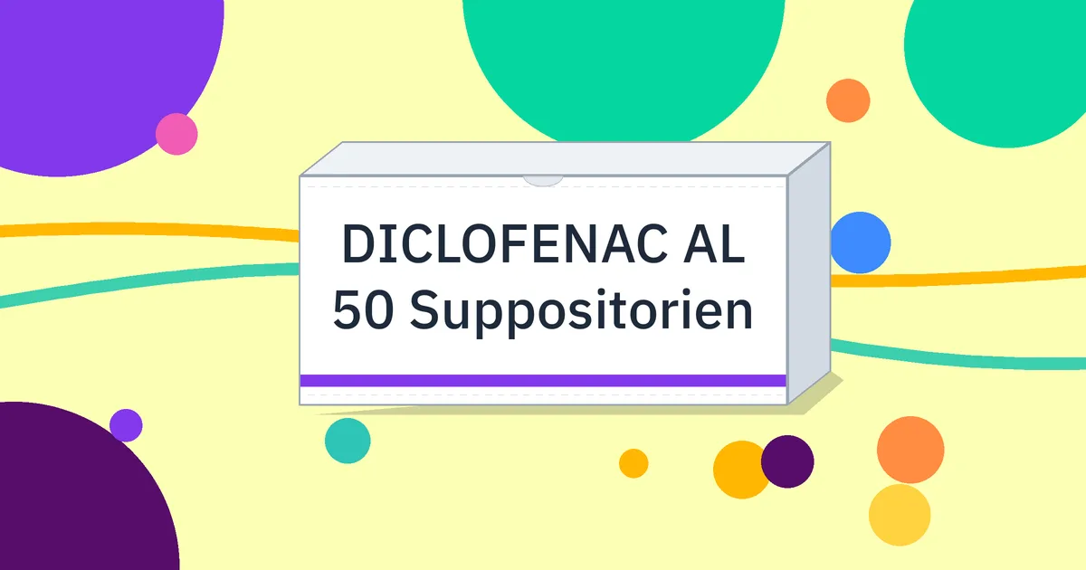 Symbolbild: Packung mit der Aufschrift DICLOFENAC AL 50 Suppositorien (PZN 05904858) – Verfügbarkeit und Bezug in Apotheken in Frankfurt am Main