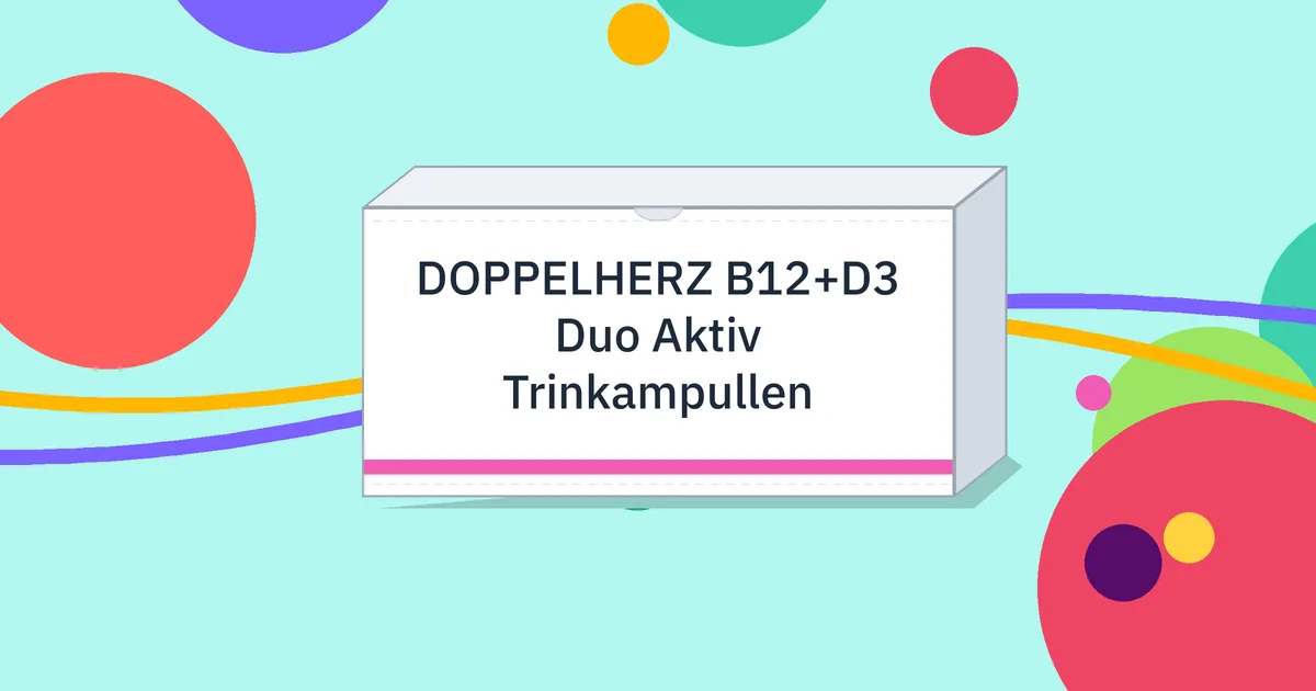 Symbolbild: Packung mit der Aufschrift DOPPELHERZ B12+D3 Duo Aktiv Trinkampullen (PZN 17586004) – Verfügbarkeit und Bezug in Apotheken in Frankfurt am Main