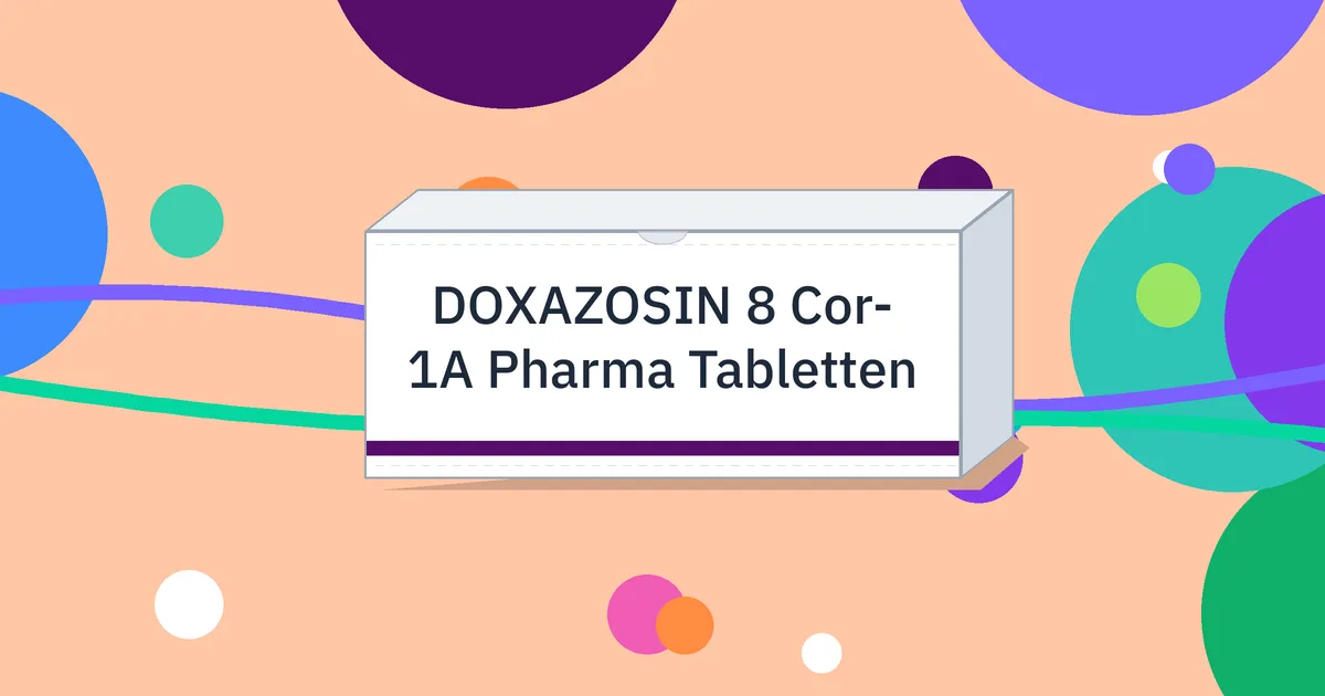 Symbolbild: Packung mit der Aufschrift DOXAZOSIN 8 Cor-1A Pharma Tabletten (PZN 02213668) – Verfügbarkeit und Bezug in Apotheken in Frankfurt am Main
