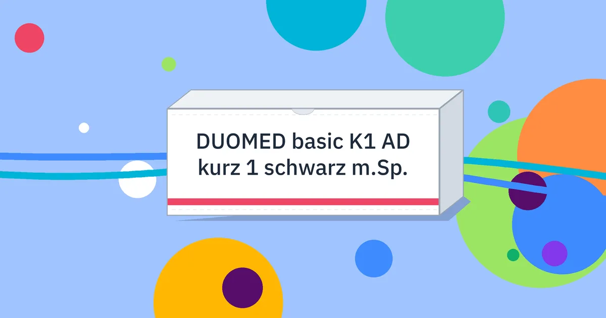 Symbolbild: Packung mit der Aufschrift DUOMED basic K1 AD kurz 1 schwarz m.Sp. (PZN 20904123) – Verfügbarkeit und Bezug in Apotheken in Frankfurt am Main