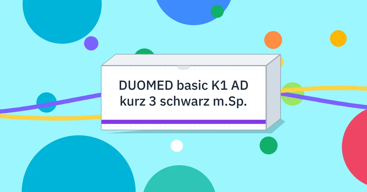 Symbolbild: Packung mit der Aufschrift DUOMED basic K1 AD kurz 3 schwarz m.Sp. (PZN 20904152) – Verfügbarkeit und Bezug in Apotheken in Frankfurt am Main