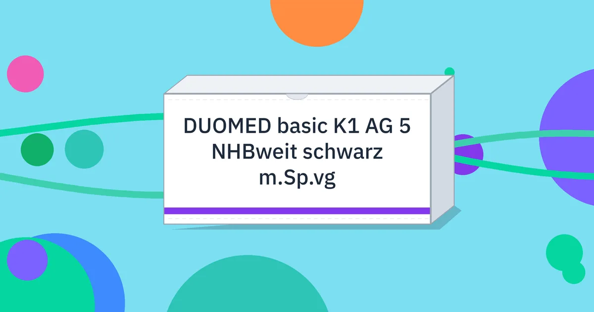 Symbolbild: Packung mit der Aufschrift DUOMED basic K1 AG 5 NHBweit schwarz m.Sp.vg (PZN 20905861) – Verfügbarkeit und Bezug in Apotheken in Frankfurt am Main