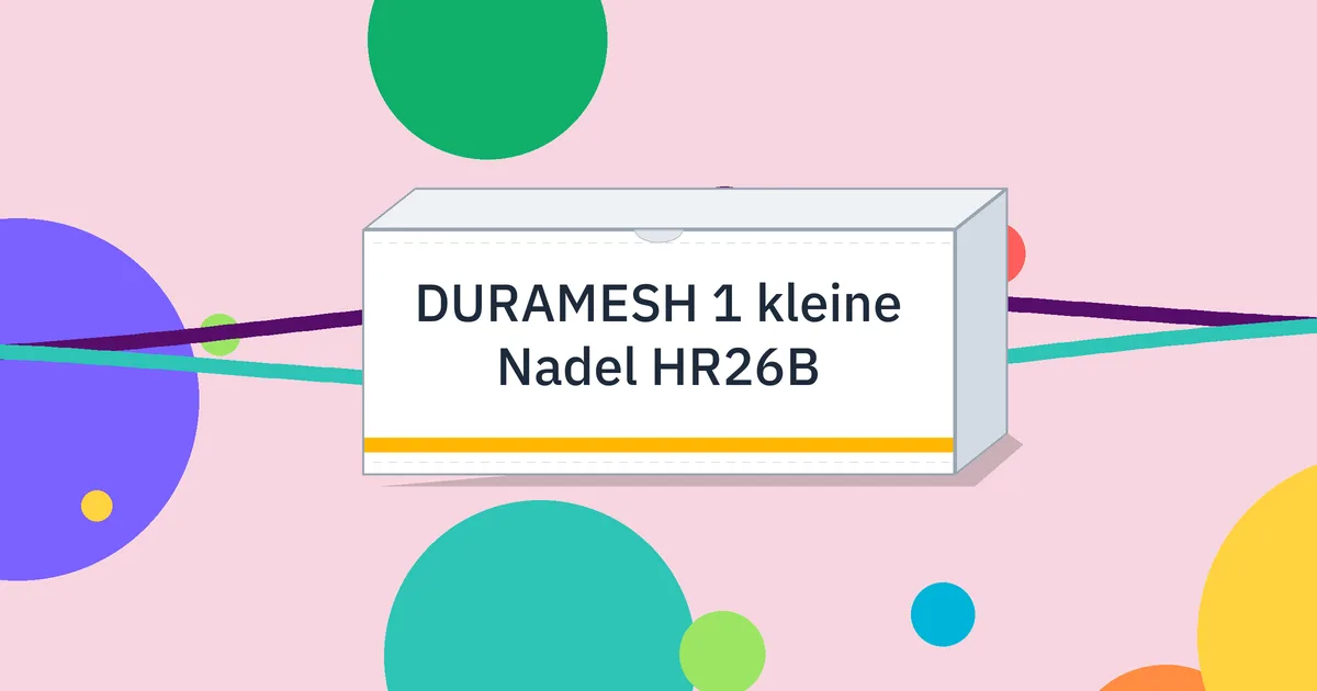Symbolbild: Packung mit der Aufschrift DURAMESH 1 kleine Nadel HR26B (PZN 18883690) – Verfügbarkeit und Bezug in Apotheken in Frankfurt am Main