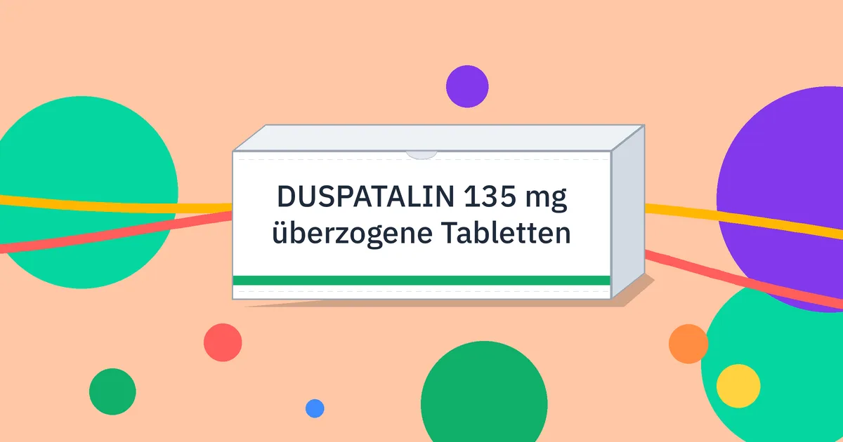 Symbolbild: Packung mit der Aufschrift DUSPATALIN 135 mg überzogene Tabletten (PZN 00111573) – Verfügbarkeit und Bezug in Apotheken in Frankfurt am Main