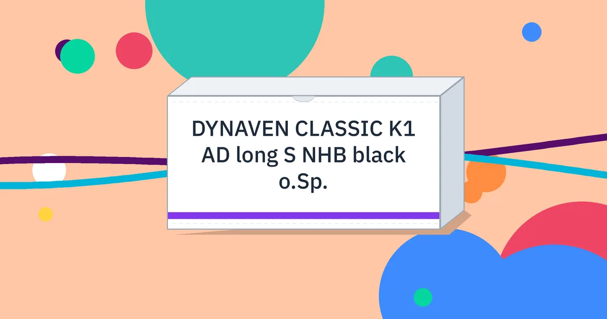 Symbolbild: Packung mit der Aufschrift DYNAVEN CLASSIC K1 AD long S NHB black o.Sp. (PZN 18414469) – Verfügbarkeit und Bezug in Apotheken in Frankfurt am Main