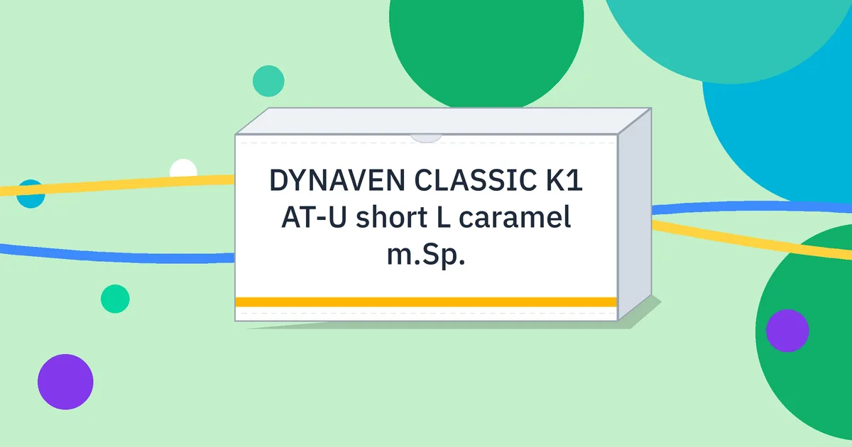 Symbolbild: Packung mit der Aufschrift DYNAVEN CLASSIC K1 AT-U short L caramel m.Sp. (PZN 18416988) – Verfügbarkeit und Bezug in Apotheken in Frankfurt am Main