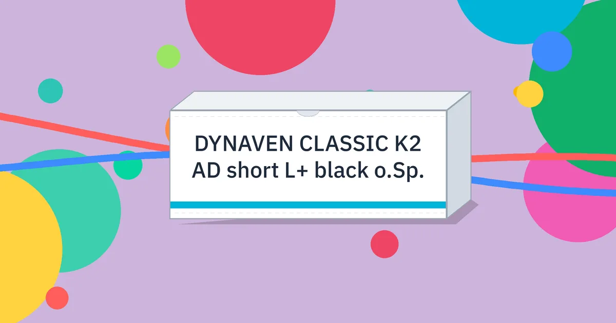 Symbolbild: Packung mit der Aufschrift DYNAVEN CLASSIC K2 AD short L+ black o.Sp. (PZN 18417195) – Verfügbarkeit und Bezug in Apotheken in Frankfurt am Main