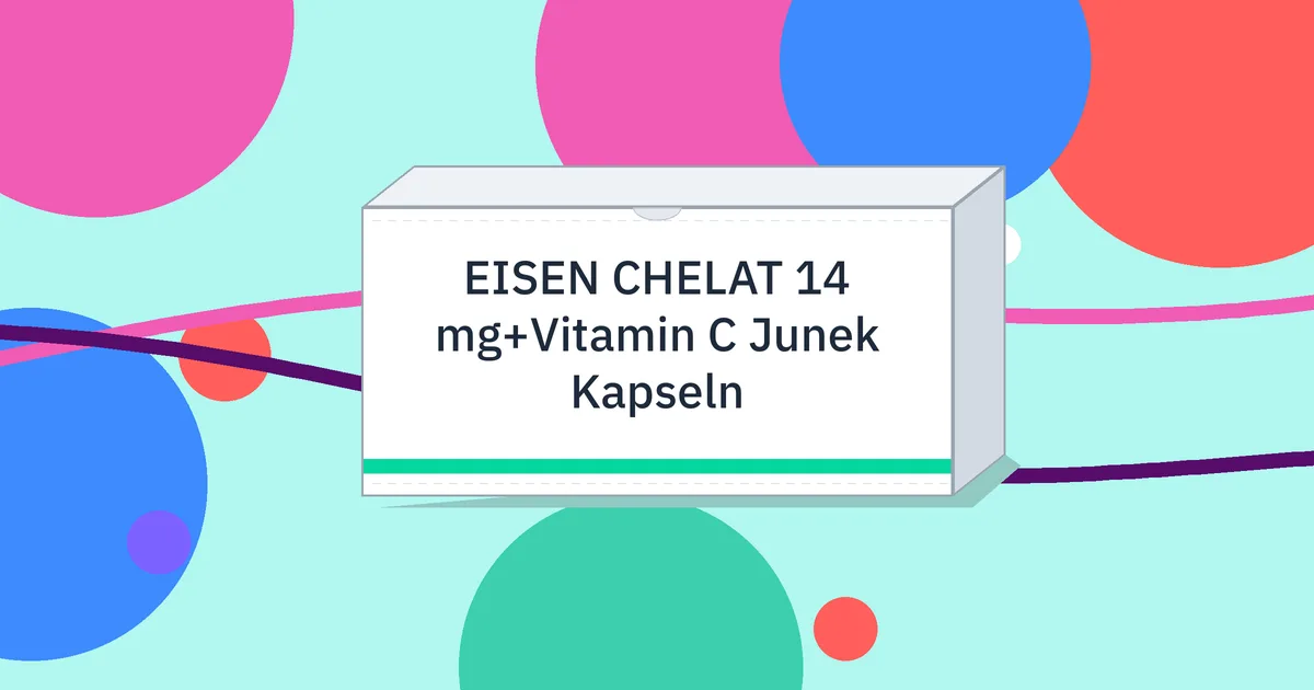 Symbolbild: Packung mit der Aufschrift EISEN CHELAT 14 mg+Vitamin C Junek Kapseln (PZN 10082269) – Verfügbarkeit und Bezug in Apotheken in Frankfurt am Main