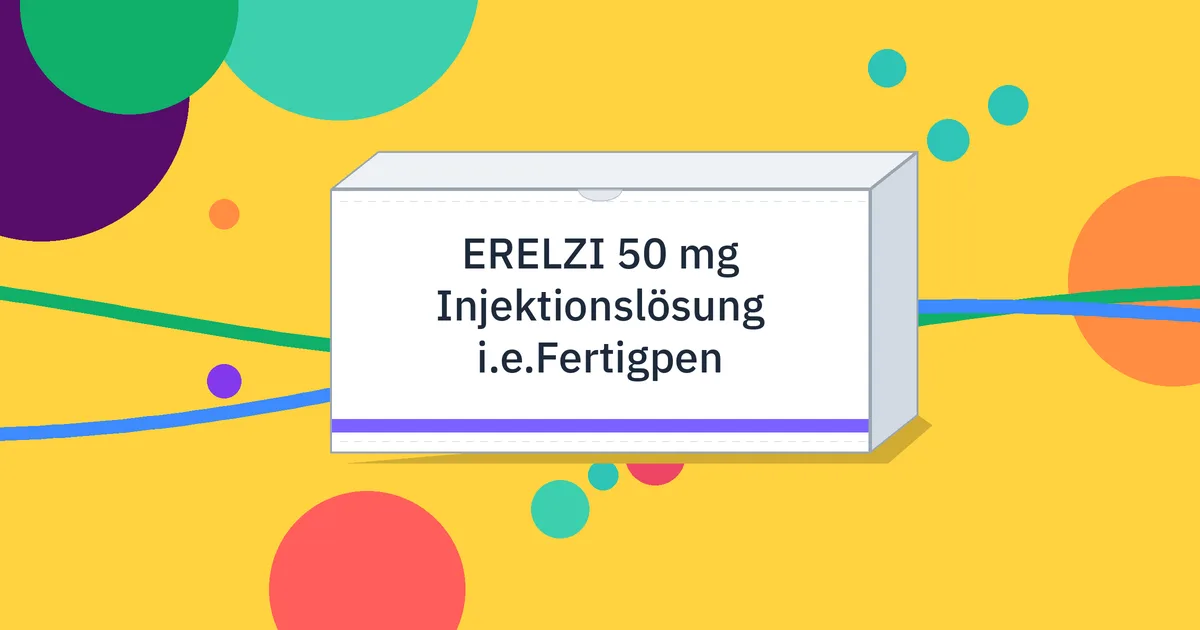 Symbolbild: Packung mit der Aufschrift ERELZI 50 mg Injektionslösung i.e.Fertigpen (PZN 14131906) – Verfügbarkeit und Bezug in Apotheken in Frankfurt am Main