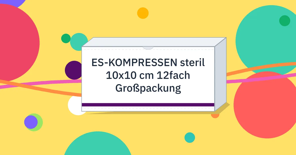 Symbolbild: Packung mit der Aufschrift ES-KOMPRESSEN steril 10x10 cm 12fach Großpackung (PZN 18404488) – Verfügbarkeit und Bezug in Apotheken in Frankfurt am Main