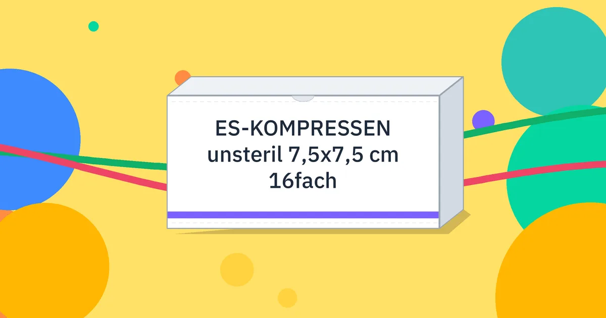 Symbolbild: Packung mit der Aufschrift ES-KOMPRESSEN unsteril 7,5x7,5 cm 16fach (PZN 18715567) – Verfügbarkeit und Bezug in Apotheken in Frankfurt am Main