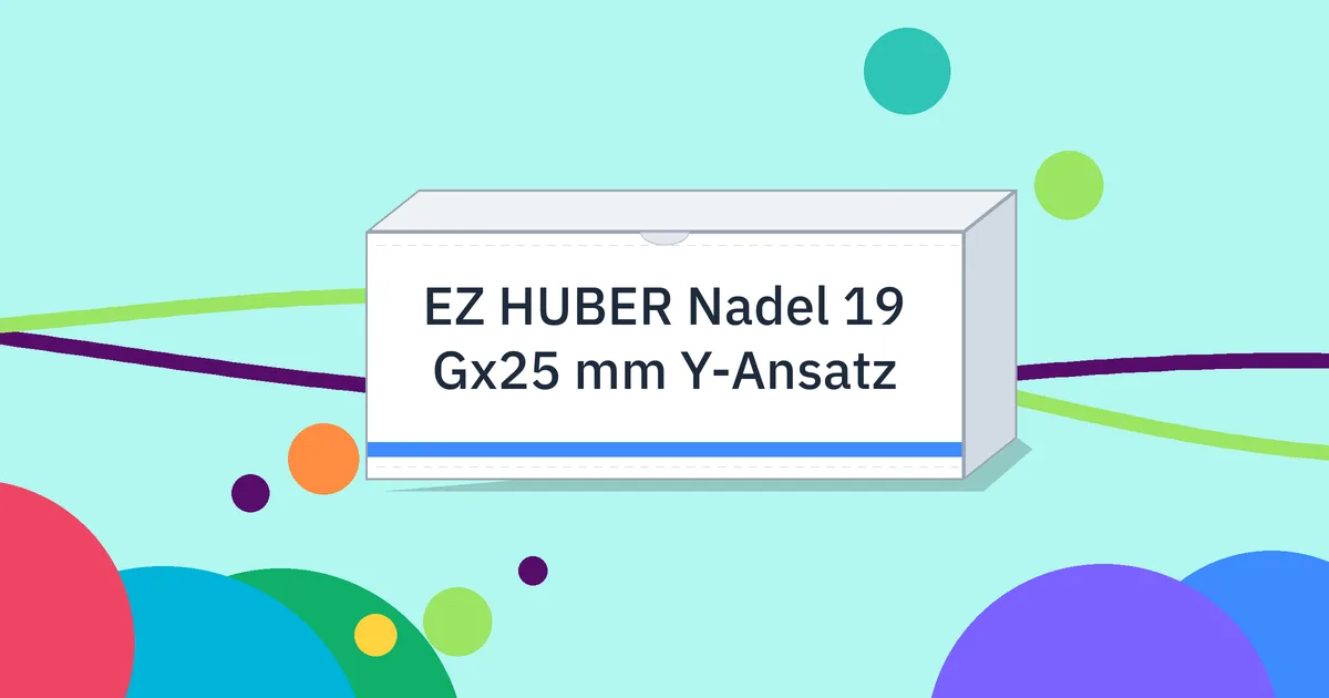 Symbolbild: Packung mit der Aufschrift EZ HUBER Nadel 19 Gx25 mm Y-Ansatz (PZN 09040656) – Verfügbarkeit und Bezug in Apotheken in Frankfurt am Main