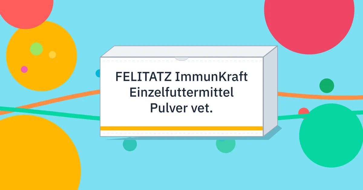 Symbolbild: Packung mit der Aufschrift FELITATZ ImmunKraft Einzelfuttermittel Pulver vet. (PZN 13981399) – Verfügbarkeit und Bezug in Apotheken in Frankfurt am Main