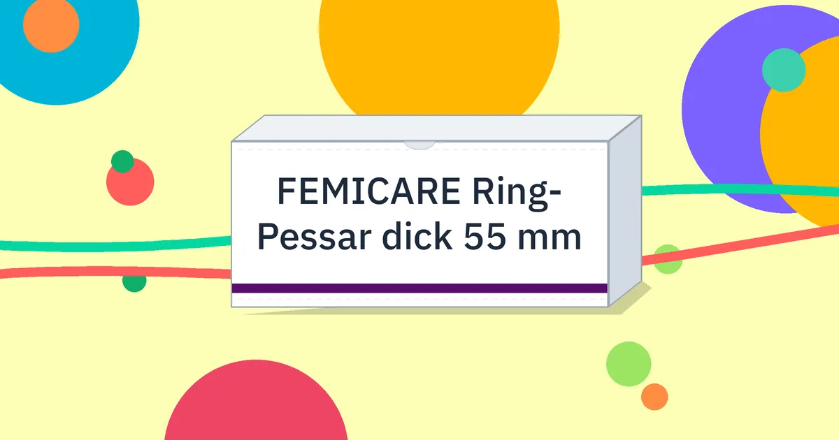Symbolbild: Packung mit der Aufschrift FEMICARE Ring-Pessar dick 55 mm (PZN 19336168) – Verfügbarkeit und Bezug in Apotheken in Frankfurt am Main