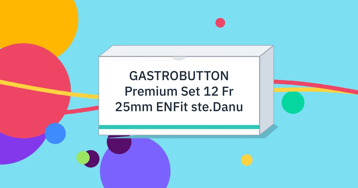 Symbolbild: Packung mit der Aufschrift GASTROBUTTON Premium Set 12 Fr 25mm ENFit ste.Danu (PZN 16883295) – Verfügbarkeit und Bezug in Apotheken in Frankfurt am Main