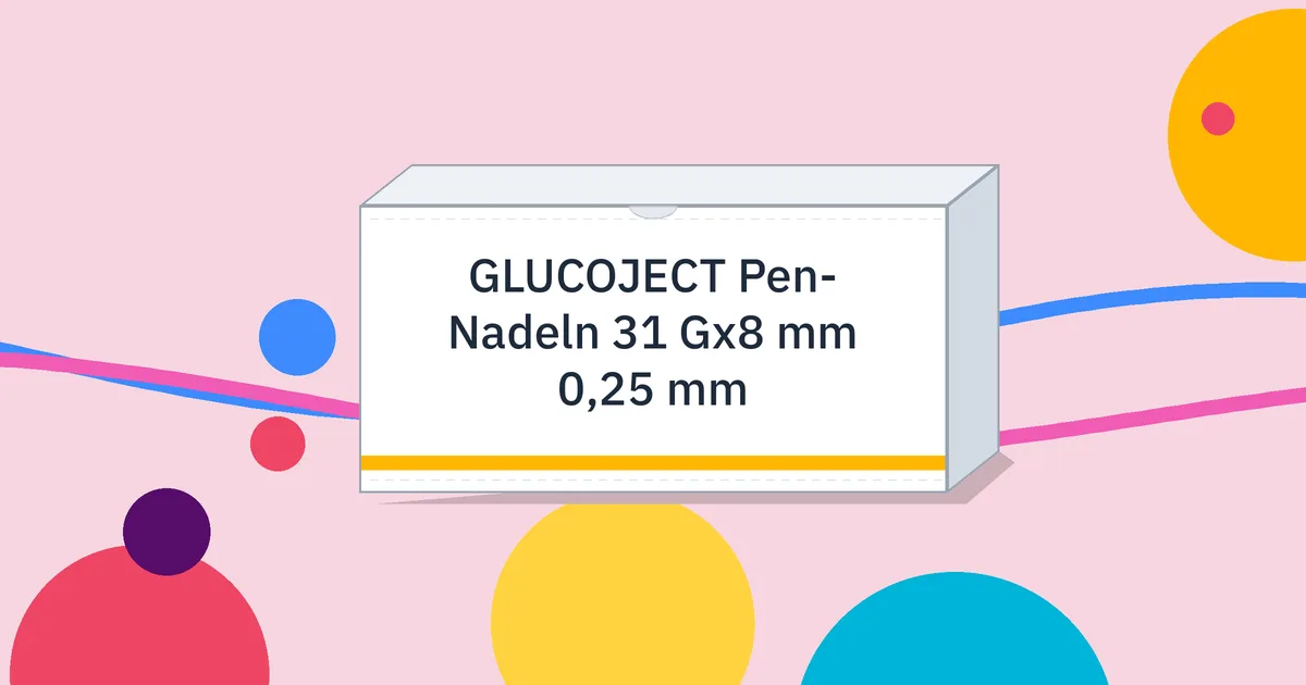 Symbolbild: Packung mit der Aufschrift GLUCOJECT Pen-Nadeln 31 Gx8 mm 0,25 mm (PZN 18721094) – Verfügbarkeit und Bezug in Apotheken in Frankfurt am Main