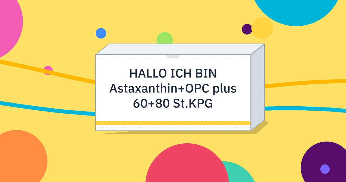 Symbolbild: Packung mit der Aufschrift HALLO ICH BIN Astaxanthin+OPC plus 60+80 St.KPG (PZN 15883637) – Verfügbarkeit und Bezug in Apotheken in Frankfurt am Main