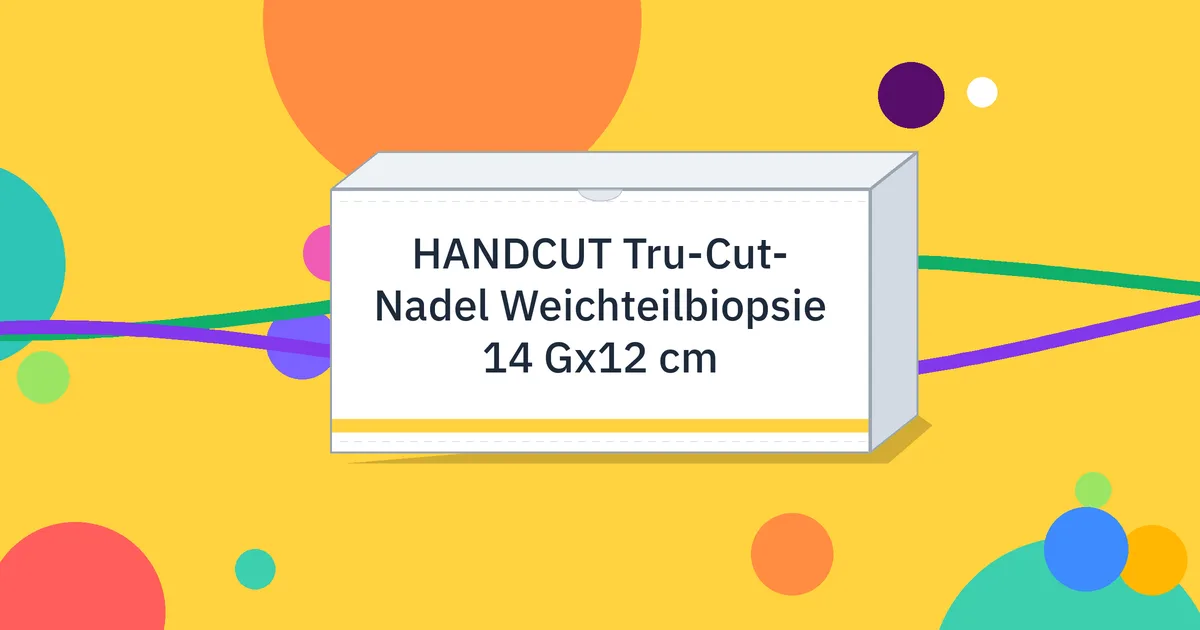Symbolbild: Packung mit der Aufschrift HANDCUT Tru-Cut-Nadel Weichteilbiopsie 14 Gx12 cm (PZN 19736324) – Verfügbarkeit und Bezug in Apotheken in Frankfurt am Main
