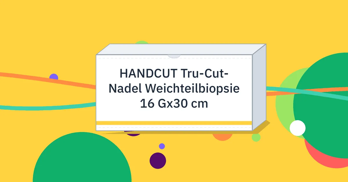 Symbolbild: Packung mit der Aufschrift HANDCUT Tru-Cut-Nadel Weichteilbiopsie 16 Gx30 cm (PZN 19736436) – Verfügbarkeit und Bezug in Apotheken in Frankfurt am Main