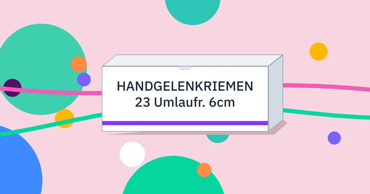 Symbolbild: Packung mit der Aufschrift HANDGELENKRIEMEN 23 Umlaufr. 6cm (PZN 01962729) – Verfügbarkeit und Bezug in Apotheken in Frankfurt am Main