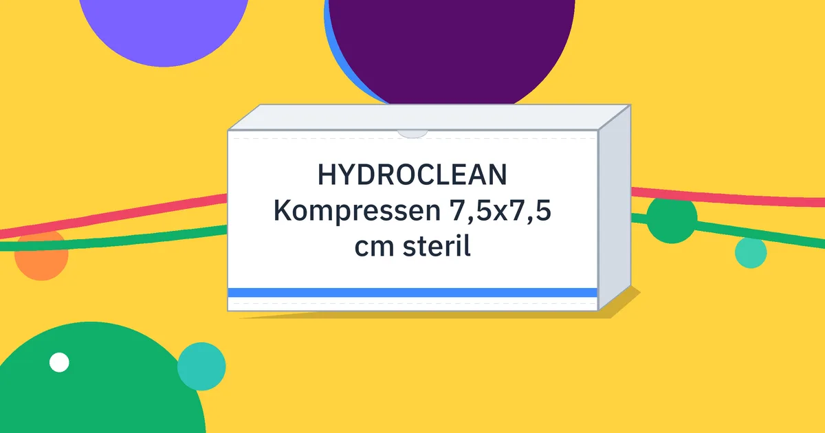 Symbolbild: Packung mit der Aufschrift HYDROCLEAN Kompressen 7,5x7,5 cm steril (PZN 15782505) – Verfügbarkeit und Bezug in Apotheken in Frankfurt am Main