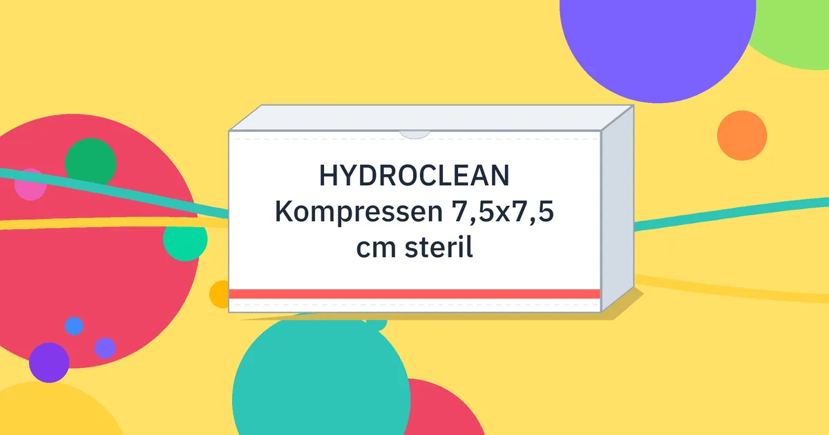 Symbolbild: Packung mit der Aufschrift HYDROCLEAN Kompressen 7,5x7,5 cm steril (PZN 16123414) – Verfügbarkeit und Bezug in Apotheken in Frankfurt am Main