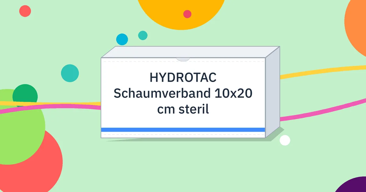Symbolbild: Packung mit der Aufschrift HYDROTAC Schaumverband 10x20 cm steril (PZN 12578075) – Verfügbarkeit und Bezug in Apotheken in Frankfurt am Main