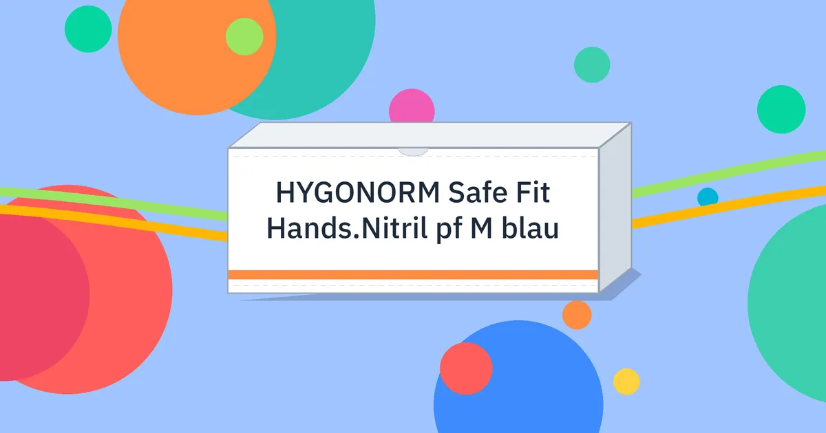 Symbolbild: Packung mit der Aufschrift HYGONORM Safe Fit Hands.Nitril pf M blau (PZN 20775200) – Verfügbarkeit und Bezug in Apotheken in Frankfurt am Main