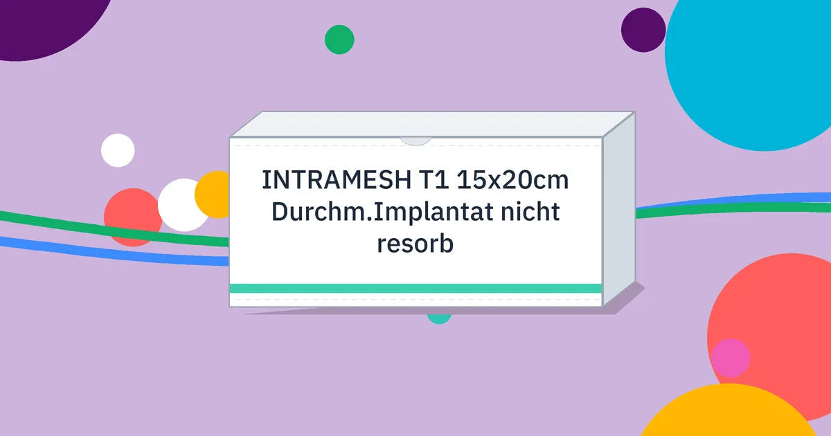 Symbolbild: Packung mit der Aufschrift INTRAMESH T1 15x20cm Durchm.Implantat nicht resorb (PZN 19504996) – Verfügbarkeit und Bezug in Apotheken in Frankfurt am Main