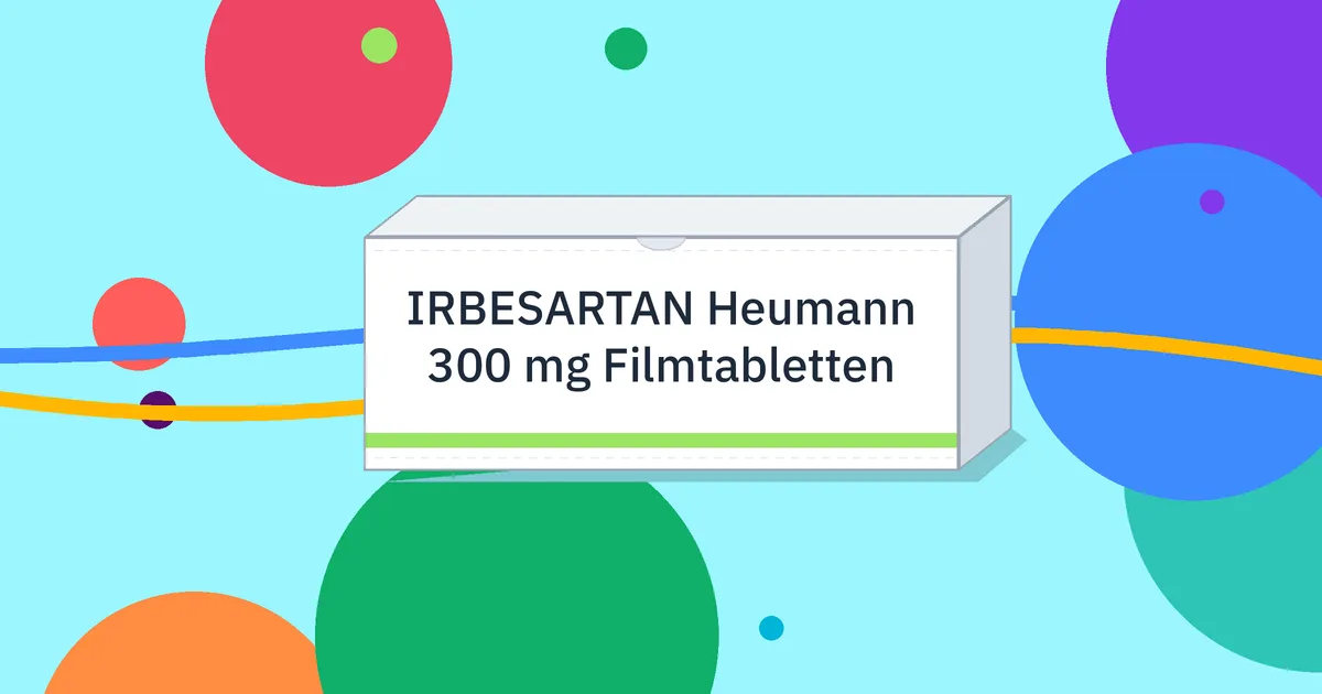 Symbolbild: Packung mit der Aufschrift IRBESARTAN Heumann 300 mg Filmtabletten (PZN 19129682) – Verfügbarkeit und Bezug in Apotheken in Frankfurt am Main