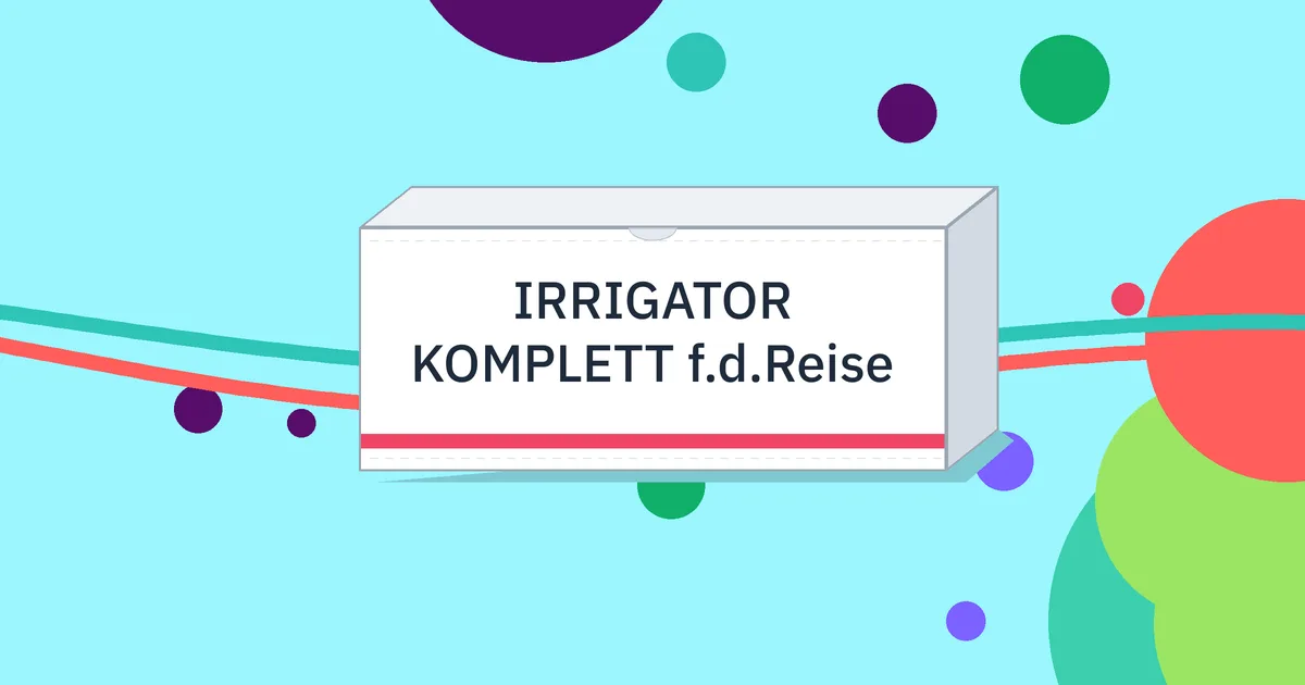 Symbolbild: Packung mit der Aufschrift IRRIGATOR KOMPLETT f.d.Reise (PZN 14372573) – Verfügbarkeit und Bezug in Apotheken in Frankfurt am Main