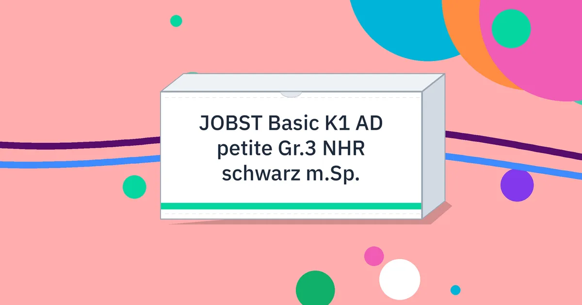 Symbolbild: Packung mit der Aufschrift JOBST Basic K1 AD petite Gr.3 NHR schwarz m.Sp. (PZN 15313578) – Verfügbarkeit und Bezug in Apotheken in Frankfurt am Main