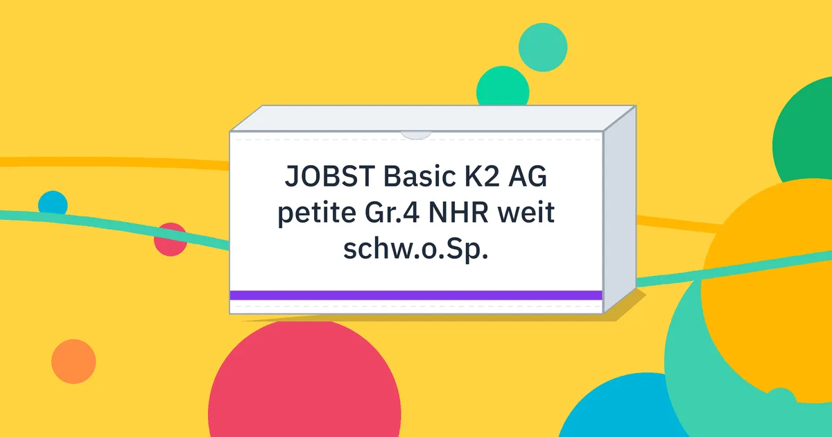 Symbolbild: Packung mit der Aufschrift JOBST Basic K2 AG petite Gr.4 NHR weit schw.o.Sp. (PZN 15311421) – Verfügbarkeit und Bezug in Apotheken in Frankfurt am Main