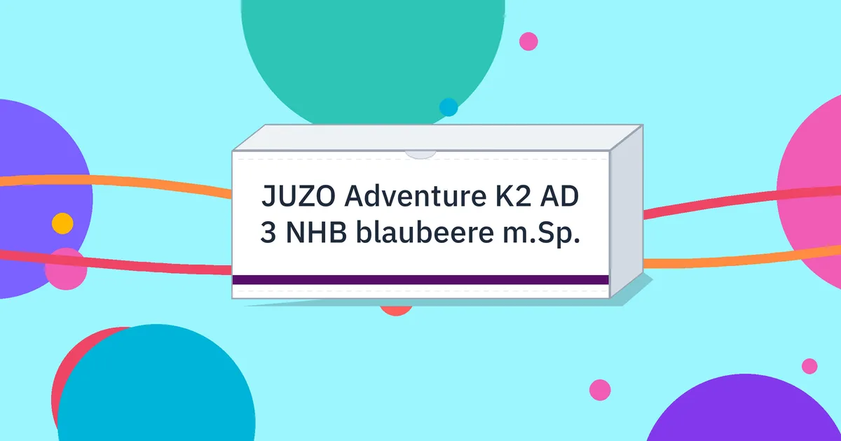Symbolbild: Packung mit der Aufschrift JUZO Adventure K2 AD 3 NHB blaubeere m.Sp. (PZN 16344977) – Verfügbarkeit und Bezug in Apotheken in Frankfurt am Main