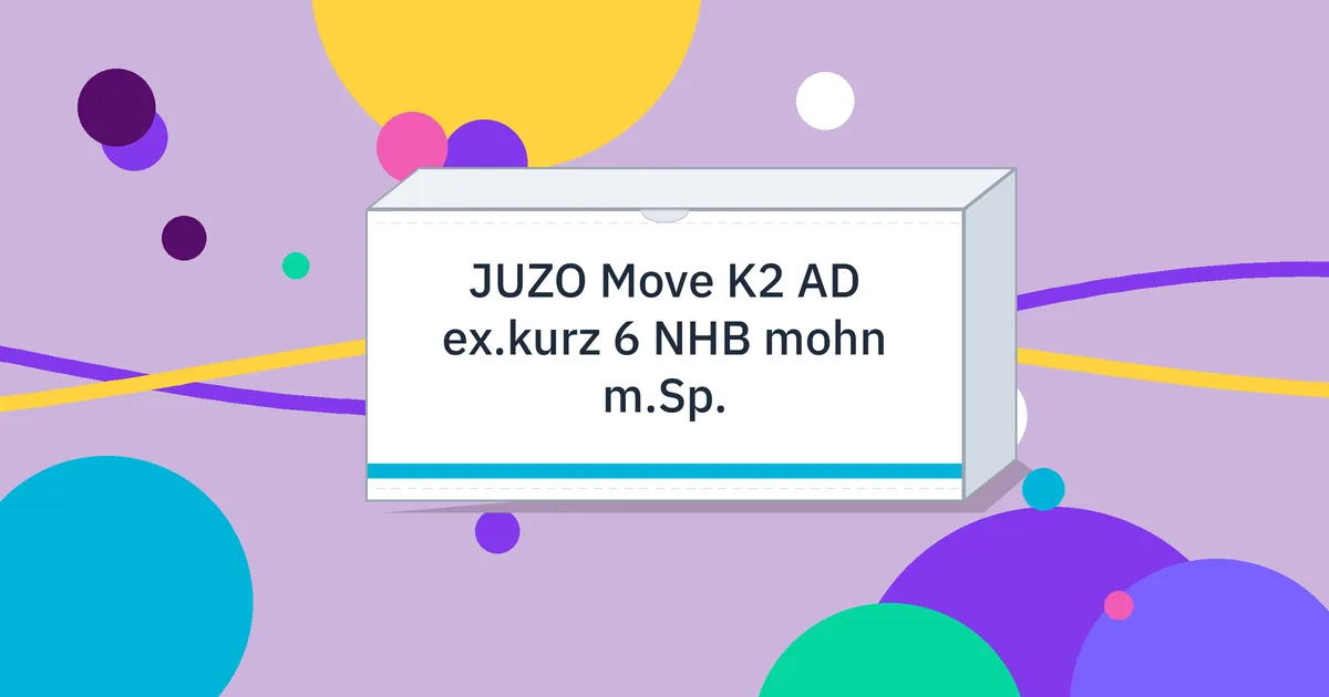 Symbolbild: Packung mit der Aufschrift JUZO Move K2 AD ex.kurz 6 NHB mohn m.Sp. (PZN 18541825) – Verfügbarkeit und Bezug in Apotheken in Frankfurt am Main