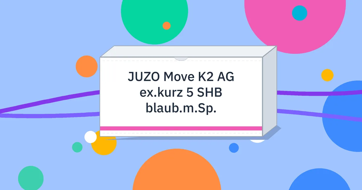 Symbolbild: Packung mit der Aufschrift JUZO Move K2 AG ex.kurz 5 SHB blaub.m.Sp. (PZN 18563465) – Verfügbarkeit und Bezug in Apotheken in Frankfurt am Main